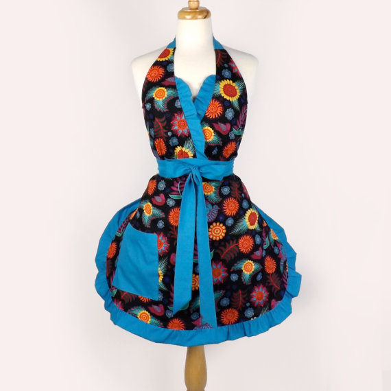 Folk Inspired Mexican Flowers Blue Trimmed Apron. on Luulla
