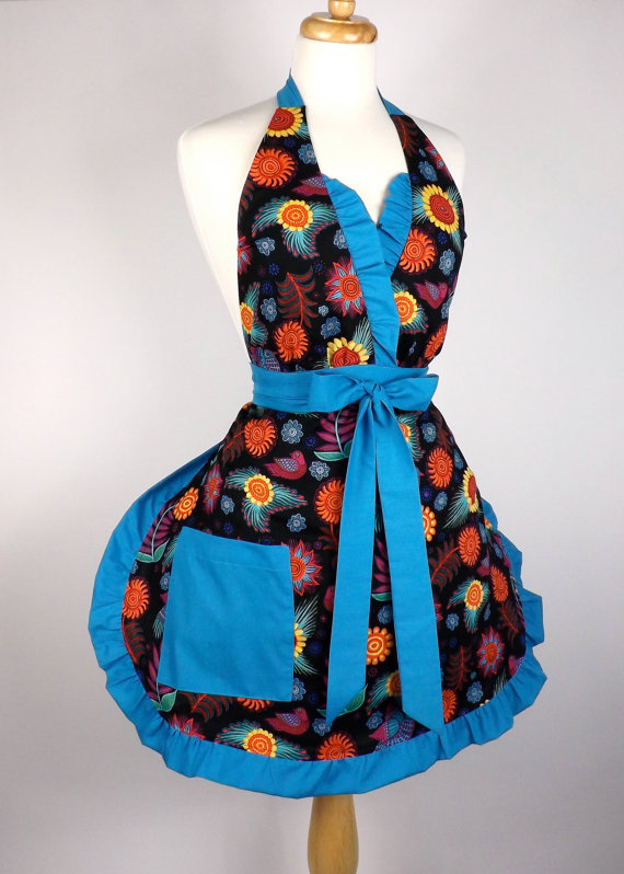 Folk Inspired Mexican Flowers Blue Trimmed Apron. on Luulla