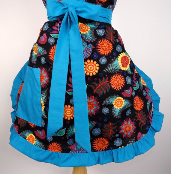 Folk Inspired Mexican Flowers Blue Trimmed Apron. on Luulla